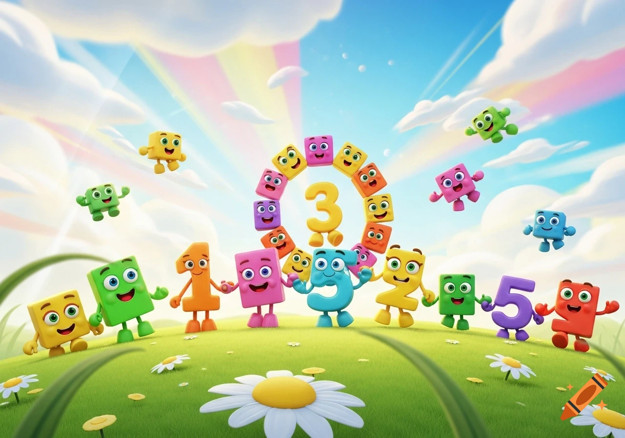 Colorful animated number characters 1, 2, 3, and 5, along with other ...