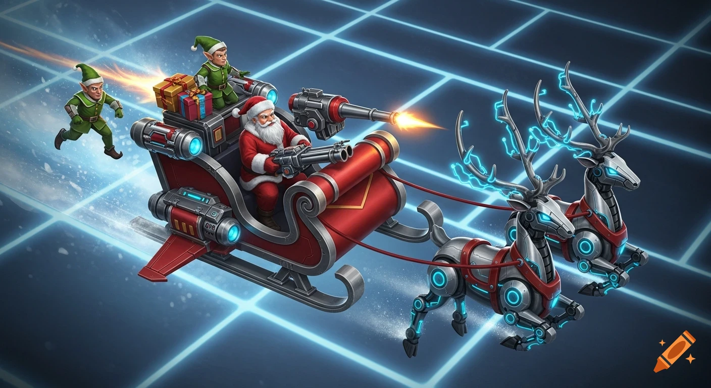 Santa and two elves ride a weaponized sci-fi sleigh pulled by ...