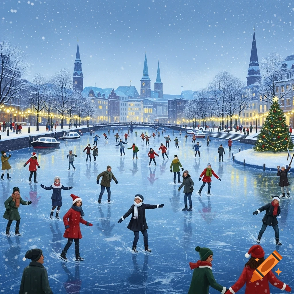 A festive winter scene with many people ice skating on a frozen canal ...