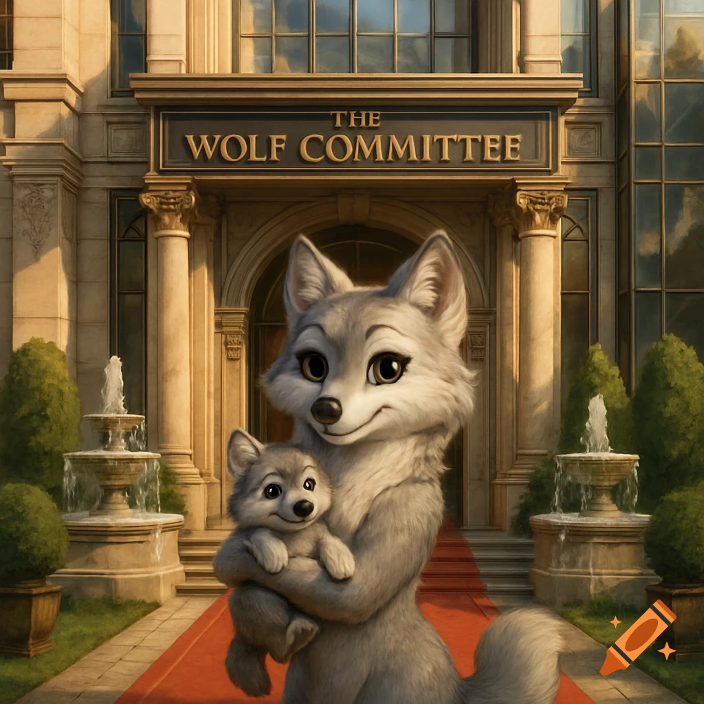 Cartoon wolf holding a puppy outside a grand building with 'THE WOLF ...
