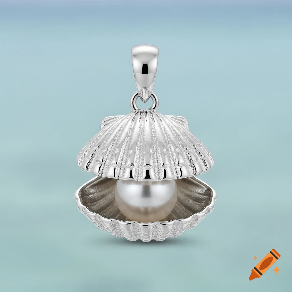 A gleaming silver shell pendant with a pearl nestled inside, against a ...