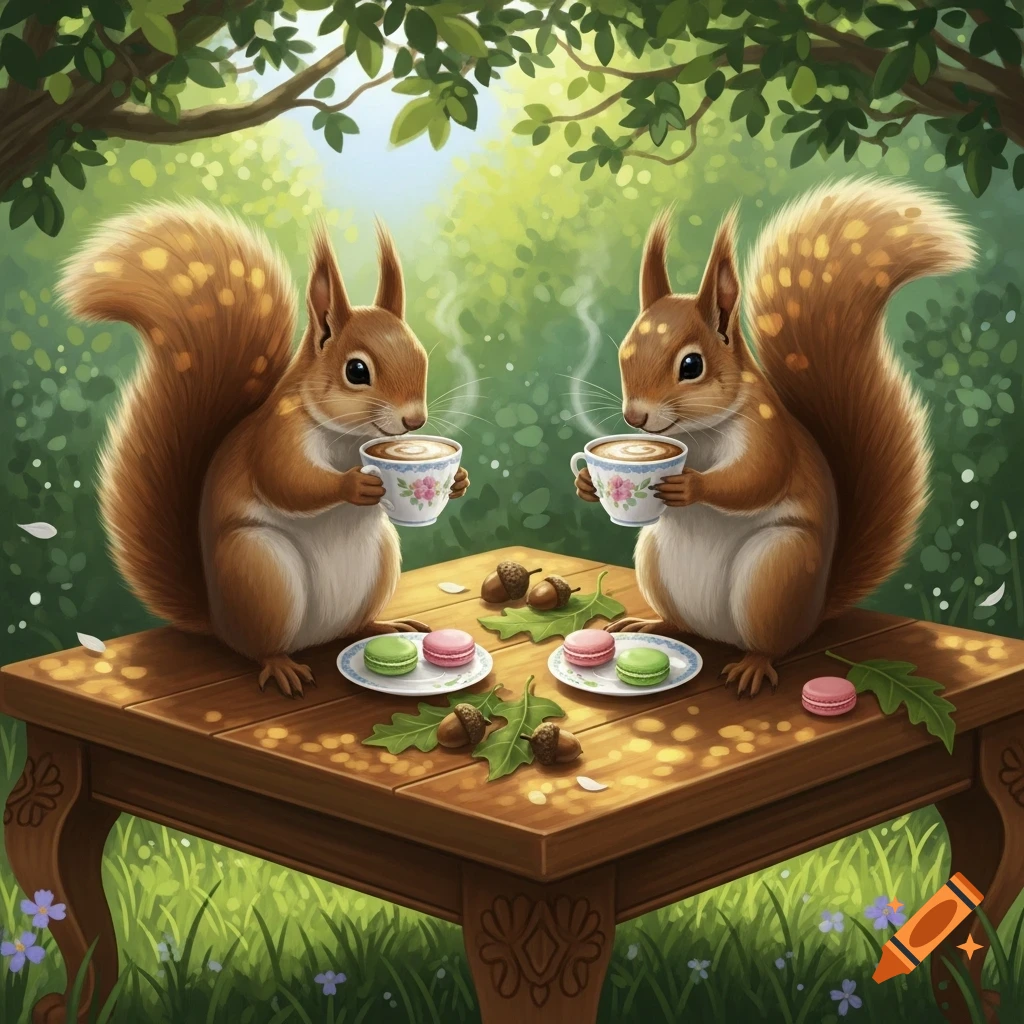 Two adorable squirrels sit at a small wooden table in a sunlit forest ...