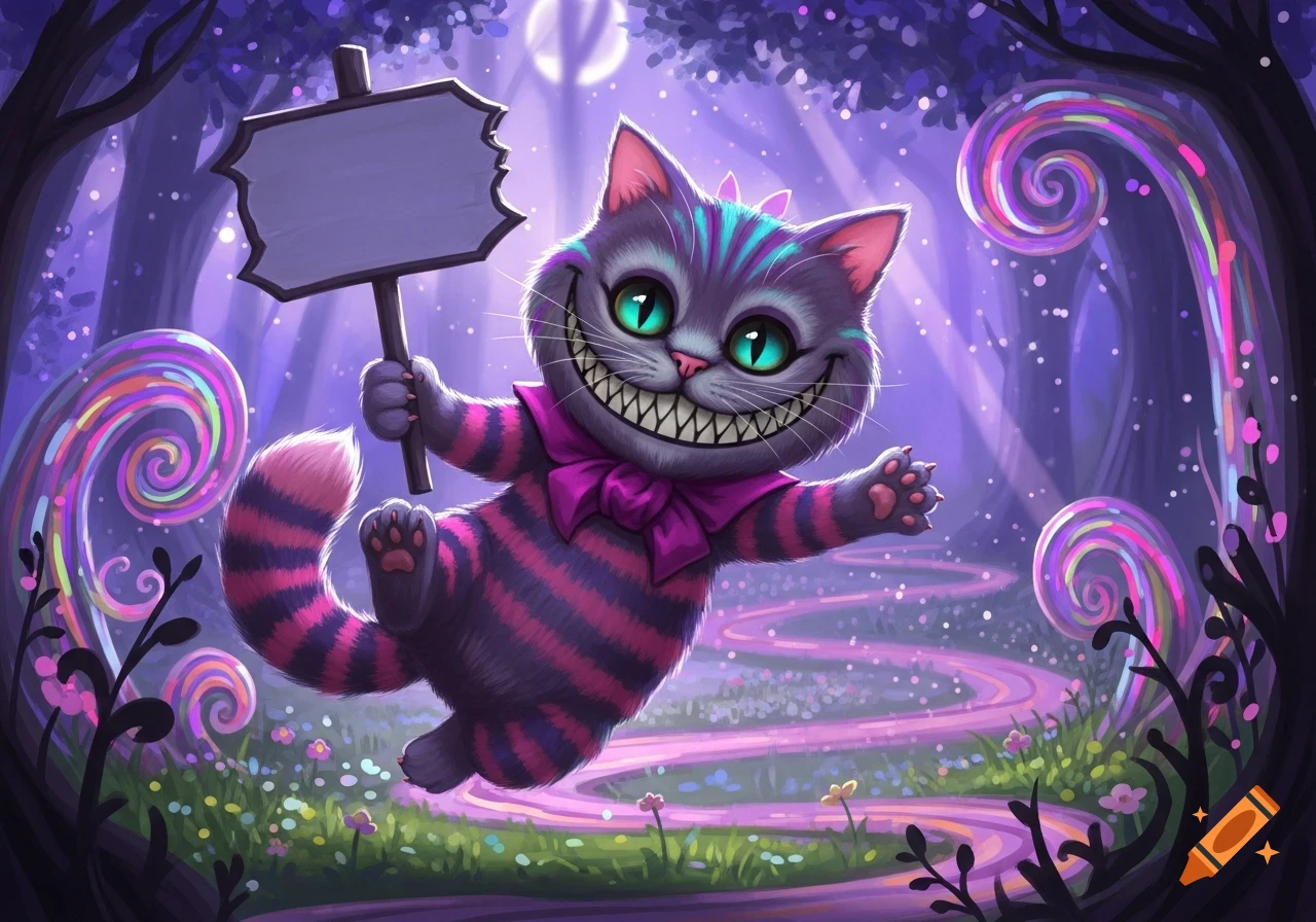 Vibrant, cartoon Cheshire Cat floating in a whimsical purple forest ...