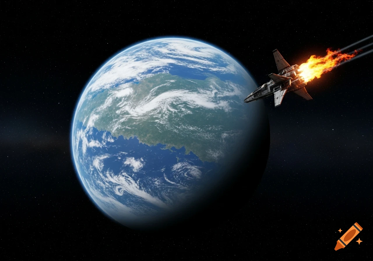 A photorealistic view of a blue and green planet in space, with a small ...