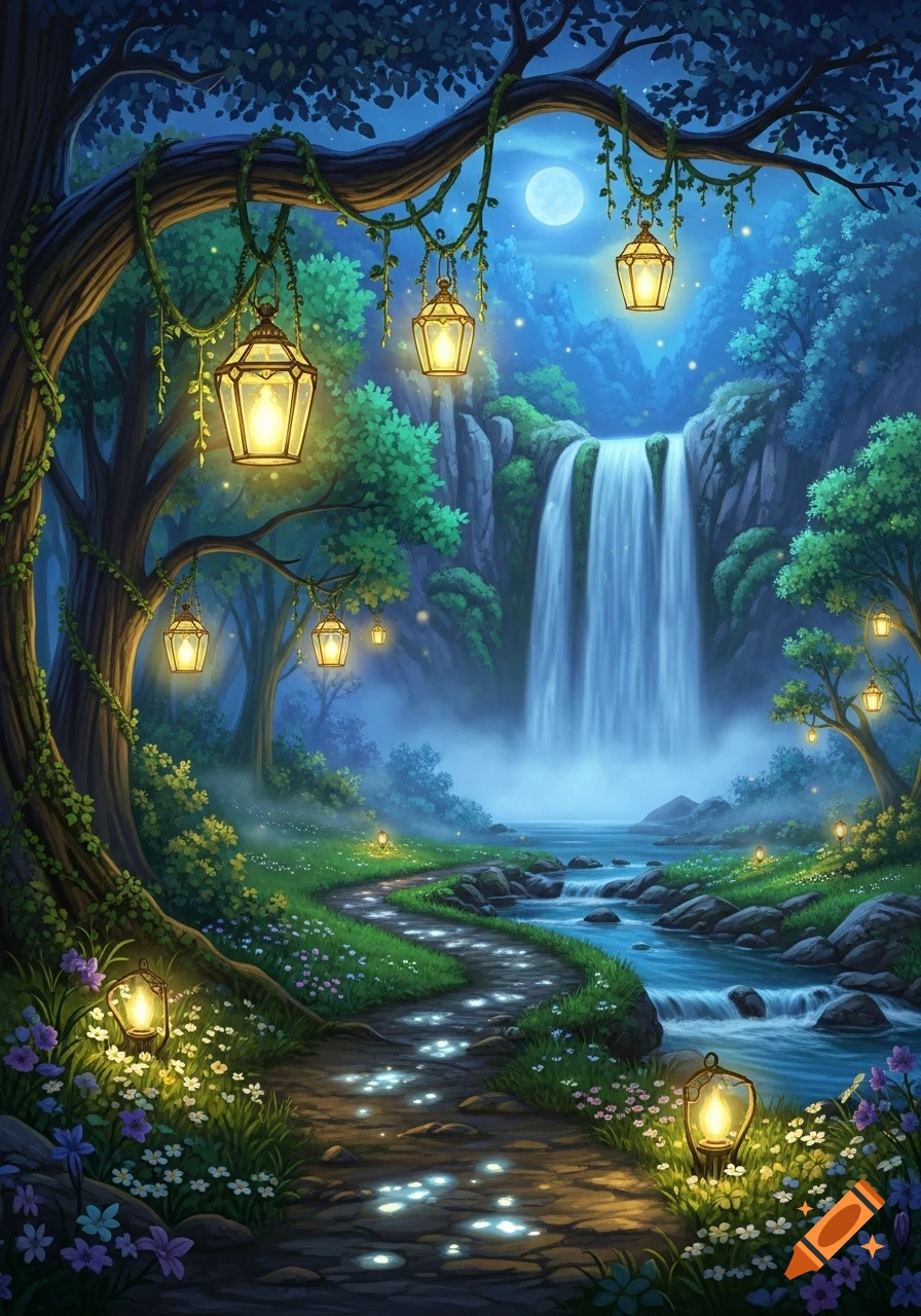 An enchanted forest at night with glowing lanterns hanging from trees ...