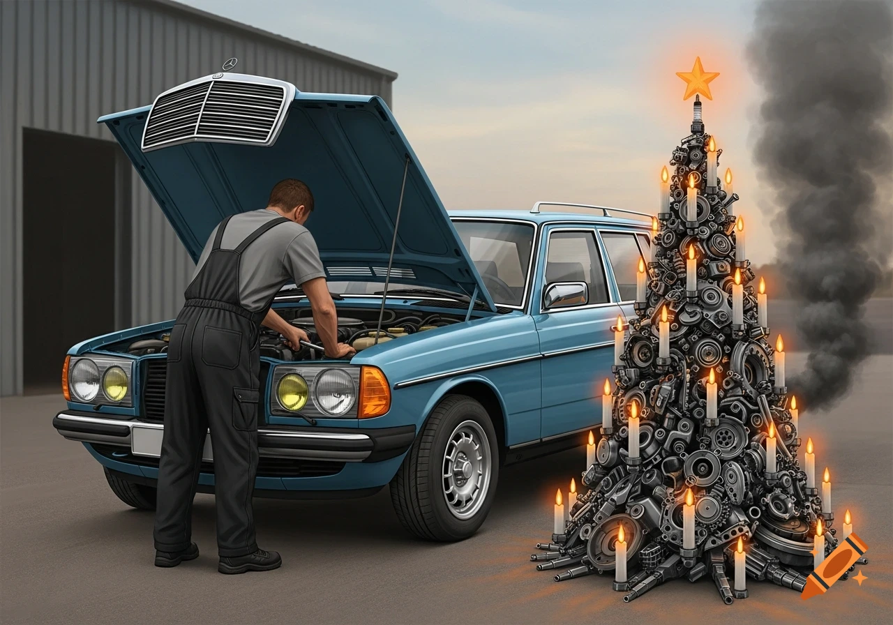 A mechanic works on a blue Mercedes W123 Kombi with its hood open, next ...