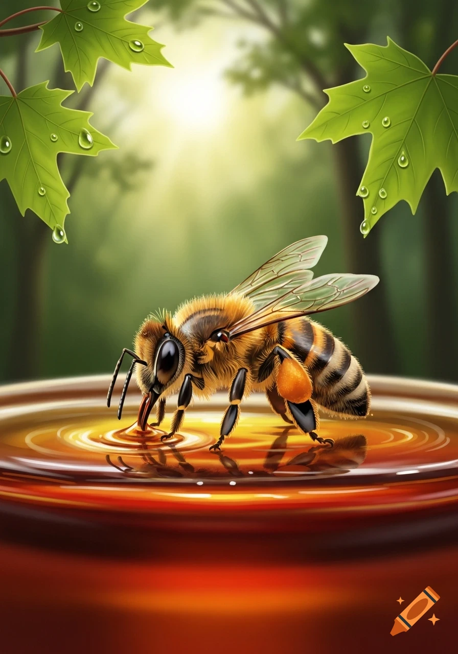 Photorealistic illustration of a bee drinking maple syrup, with maple ...