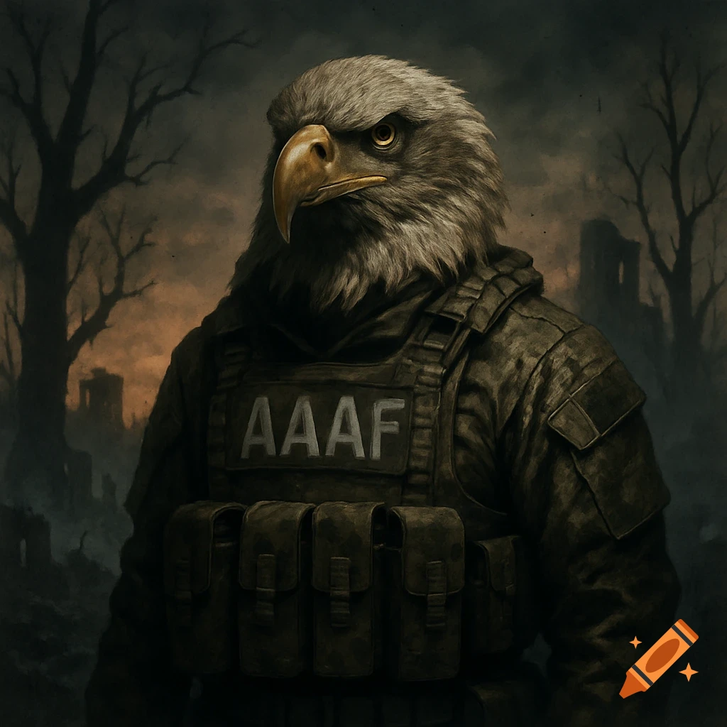 An anthropomorphic eagle in military tactical gear stands in a dark ...
