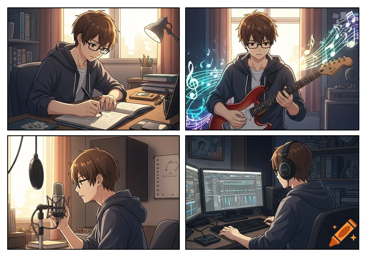Four-panel anime image of a young man with glasses: writing in a ...