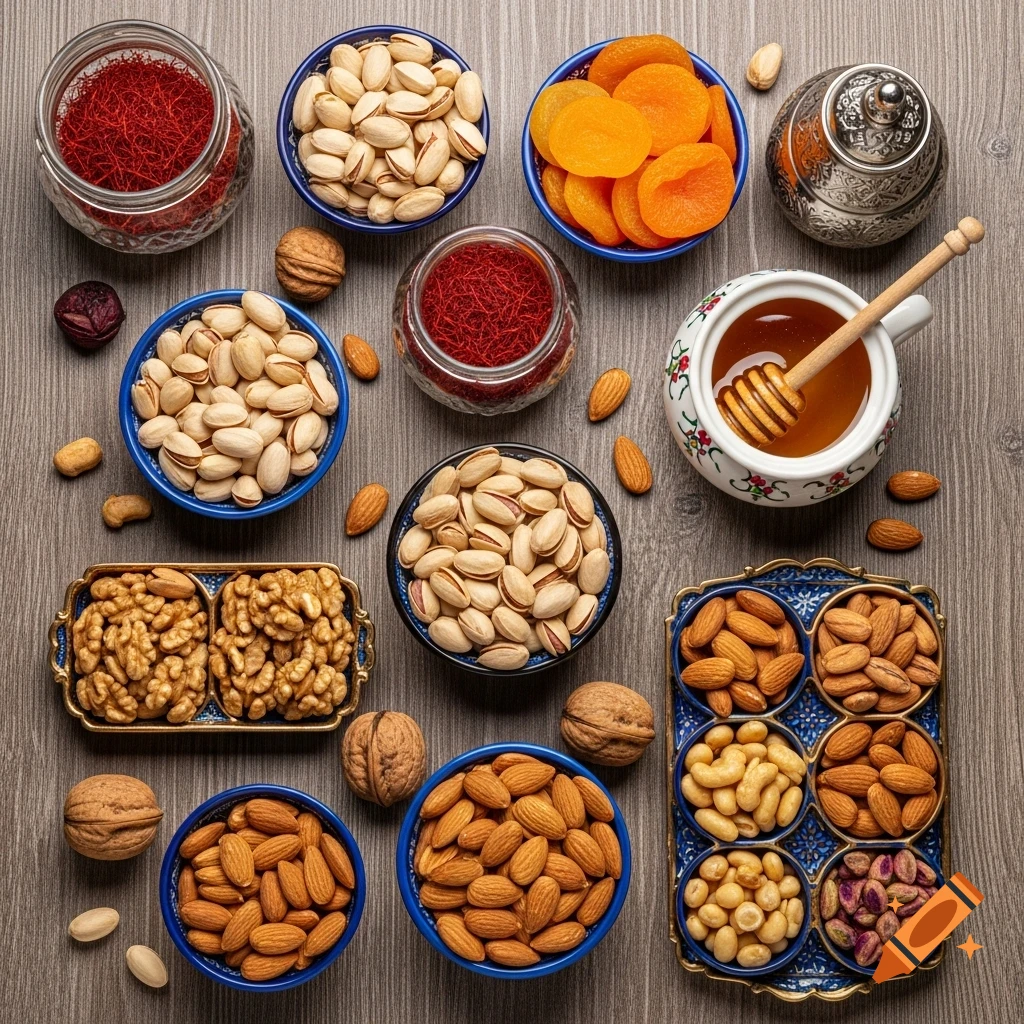 Photorealistic top-down flat lay of a rustic wooden table displaying ...