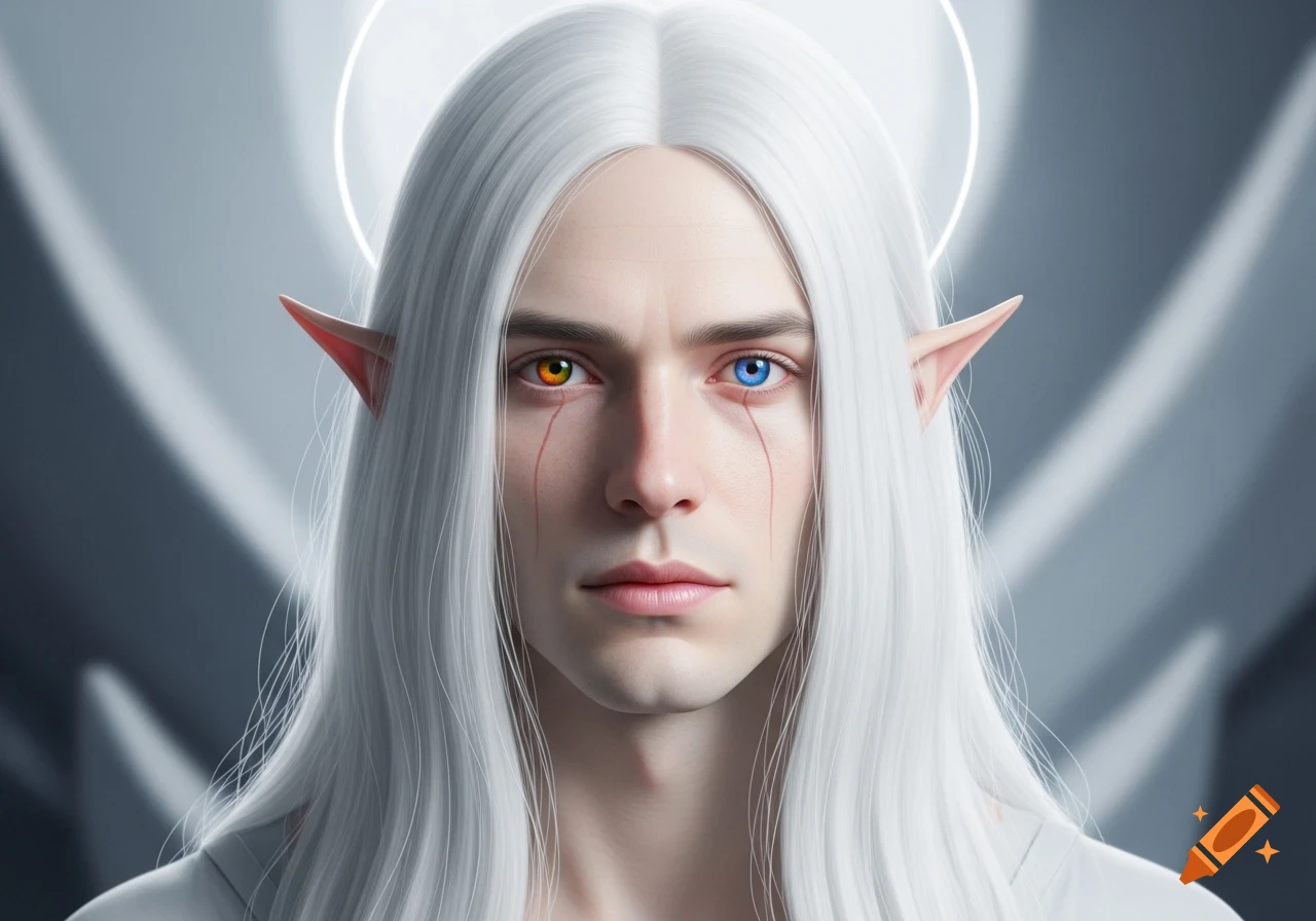 Photorealistic portrait of a pale elf-like male with long white hair ...