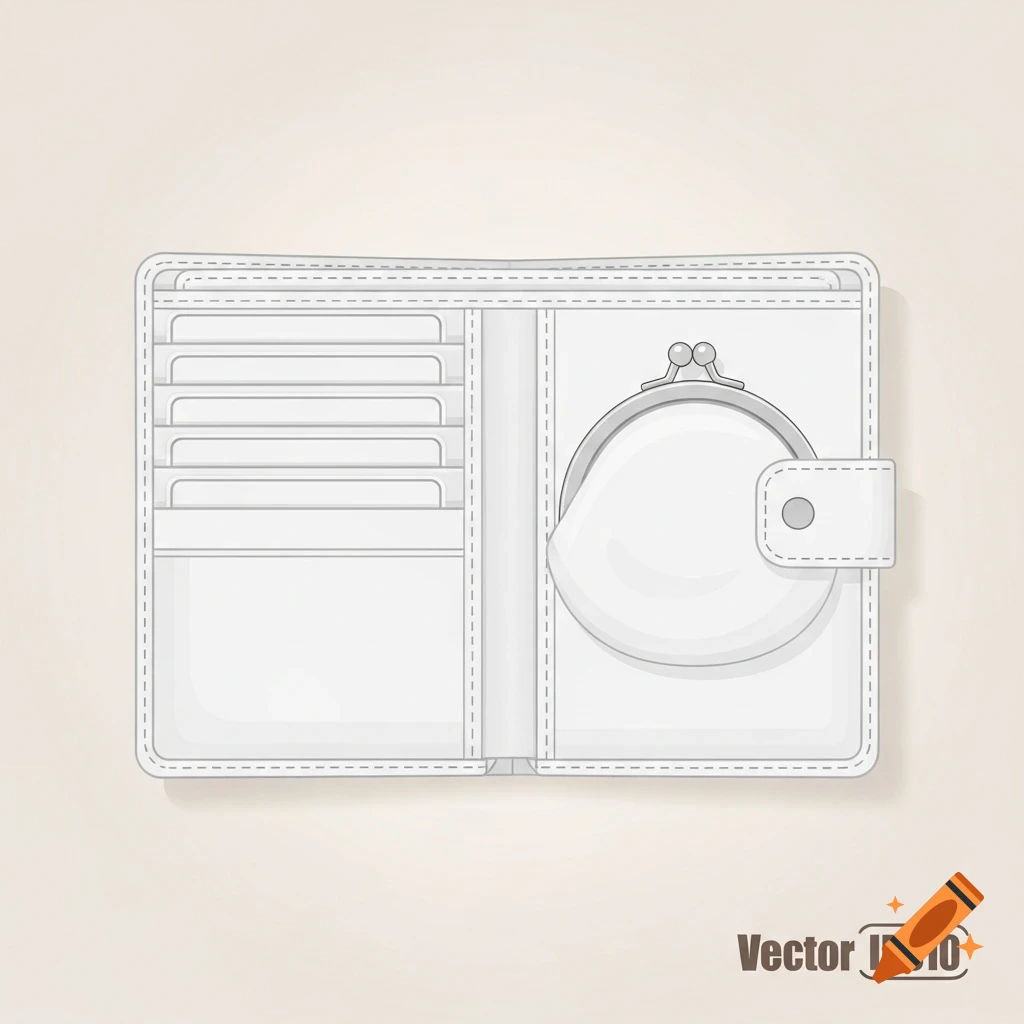 An open white wallet lays flat, showing card slots on the left and a ...
