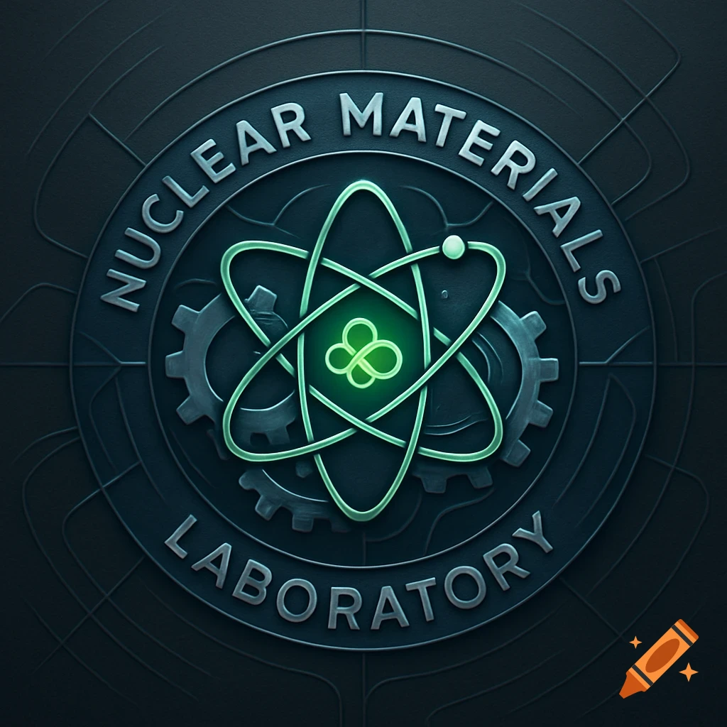 Dark metallic logo for Nuclear Materials Laboratory with a glowing ...