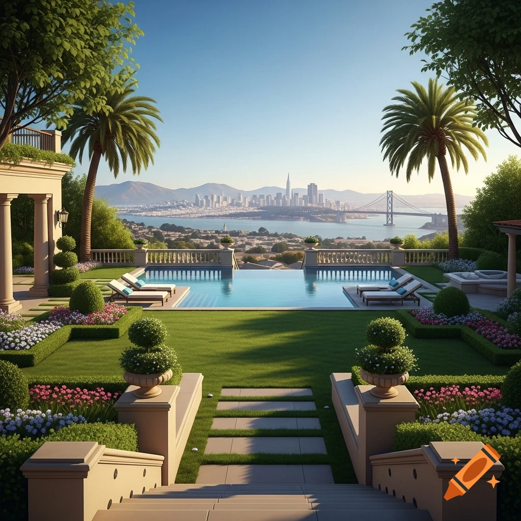 A luxurious mansion backyard with a swimming pool and landscaped ...