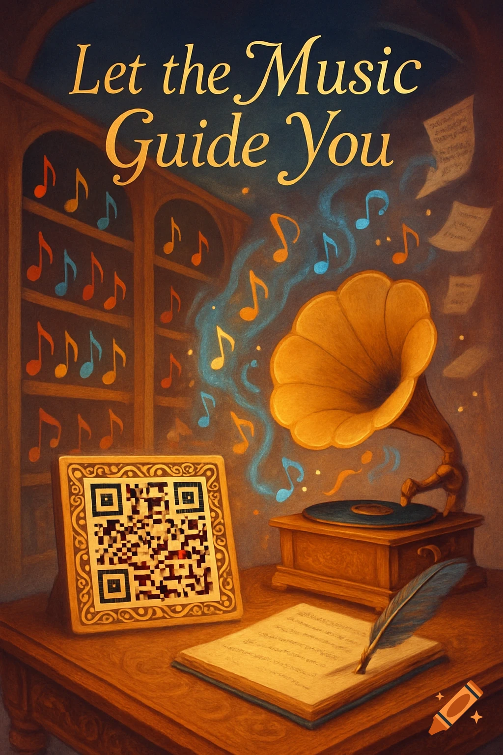 An illustrated image featuring a vintage gramophone, sheet music, a ...