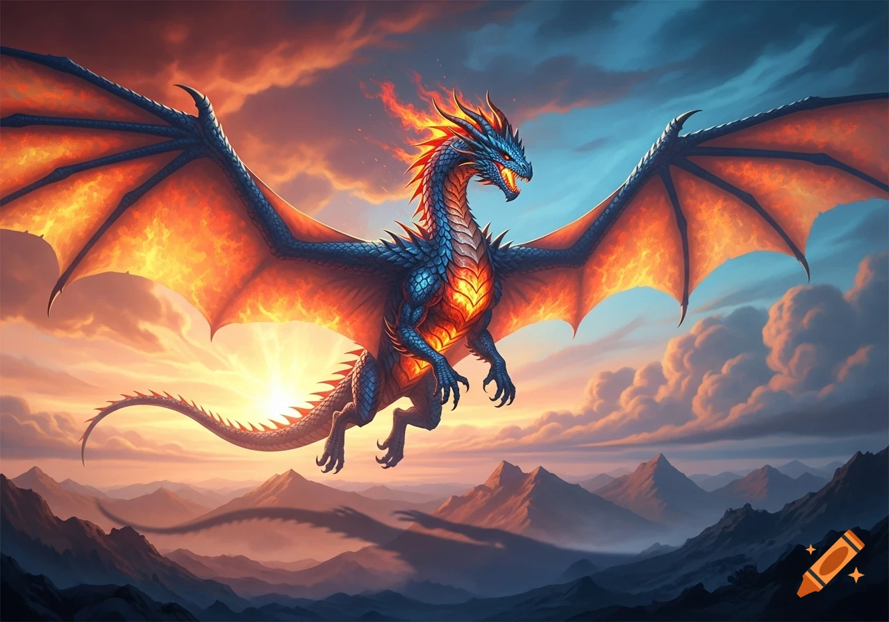 A majestic blue and red fire dragon with fiery wings soars over a ...