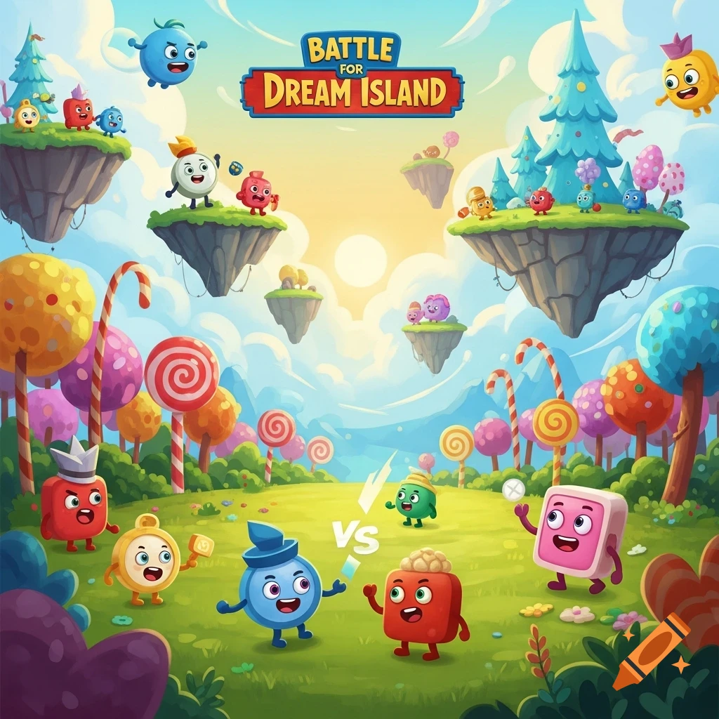 Vibrant cartoon scene with characters, floating islands, and candy ...