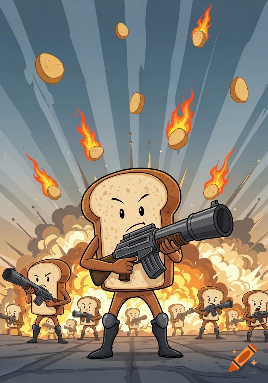 Cartoon bread soldiers with guns battle in an explosive warzone, with ...