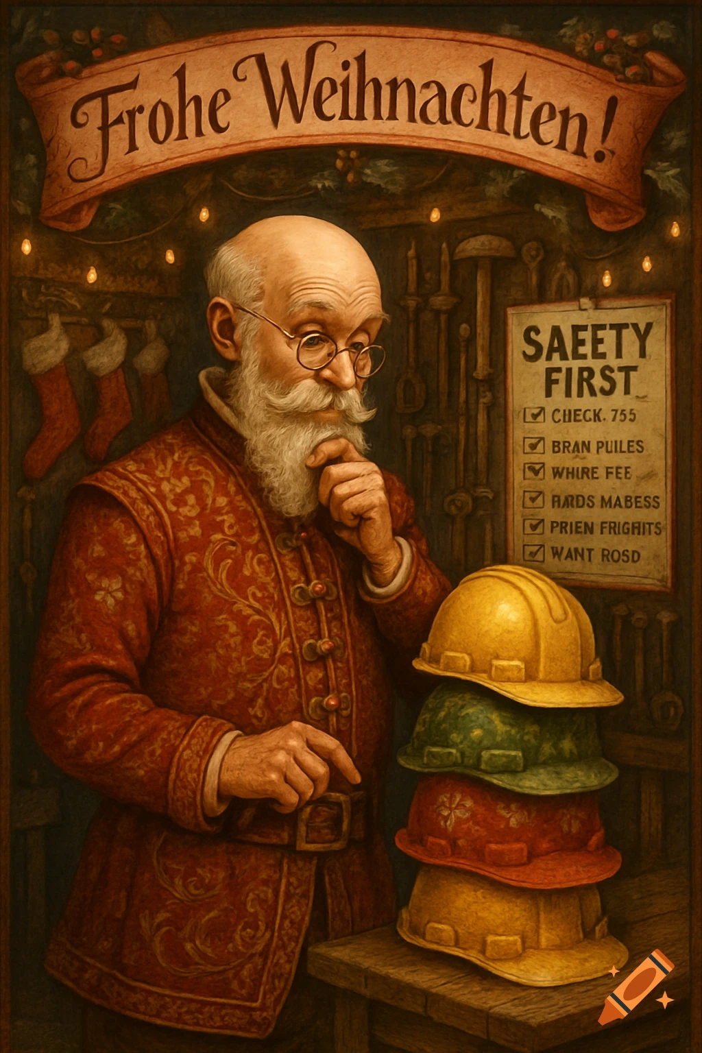 A bald, bearded old man in a red patterned coat points at a stack of ...