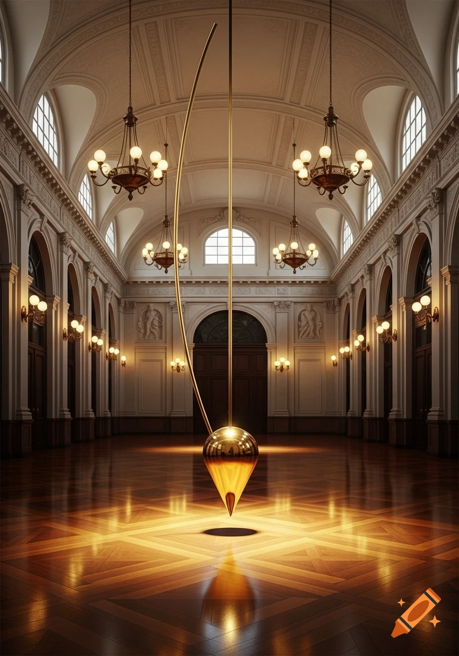 A large, golden pendulum hangs centrally in a grand, ornate hall with ...