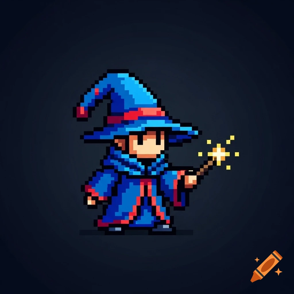 A pixel art mage character wearing a blue robe and pointed hat, holding ...