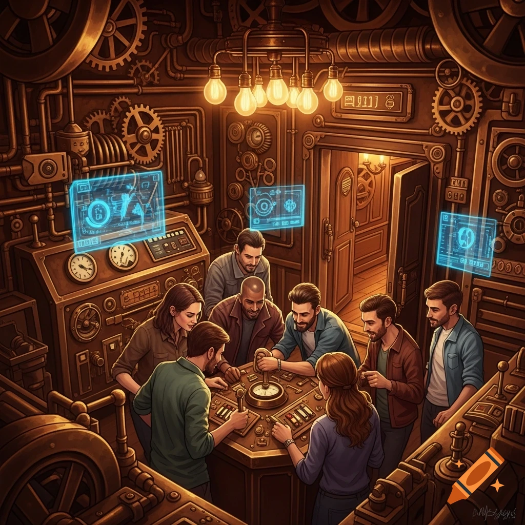 A group of people collaborating around a complex steampunk control ...