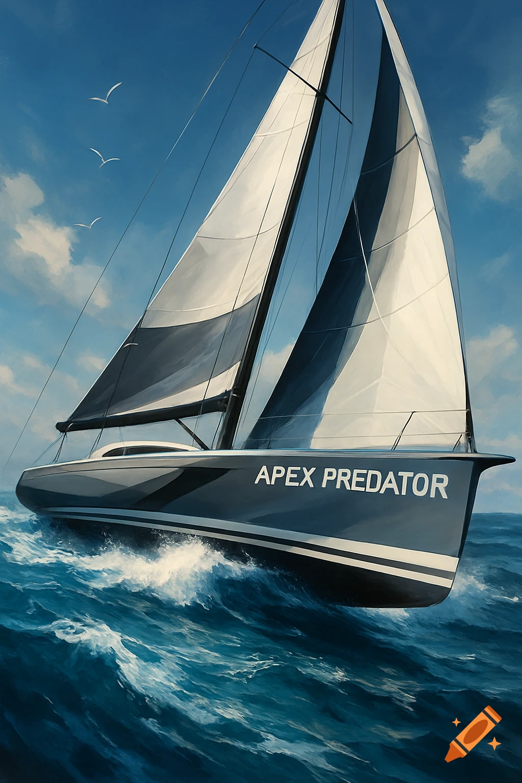 A grey, black, and white sport racing sailboat named 'APEX PREDATOR ...