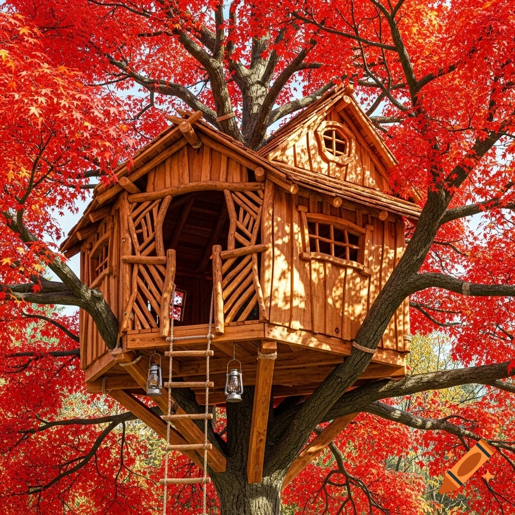 A rustic wooden treehouse with a rope ladder and lanterns, nestled high ...