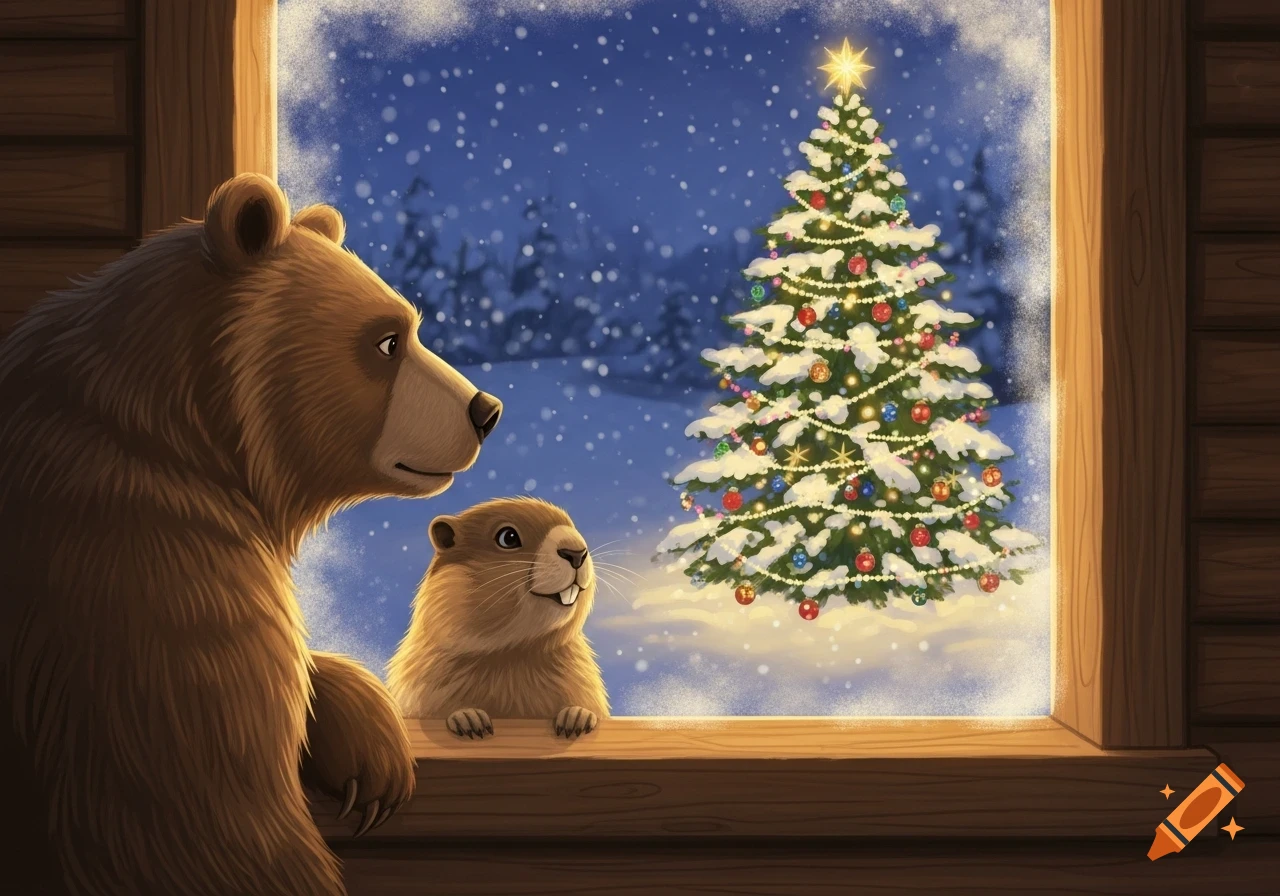 A brown bear and a marmot gaze out a rustic cabin window at a snowy ...
