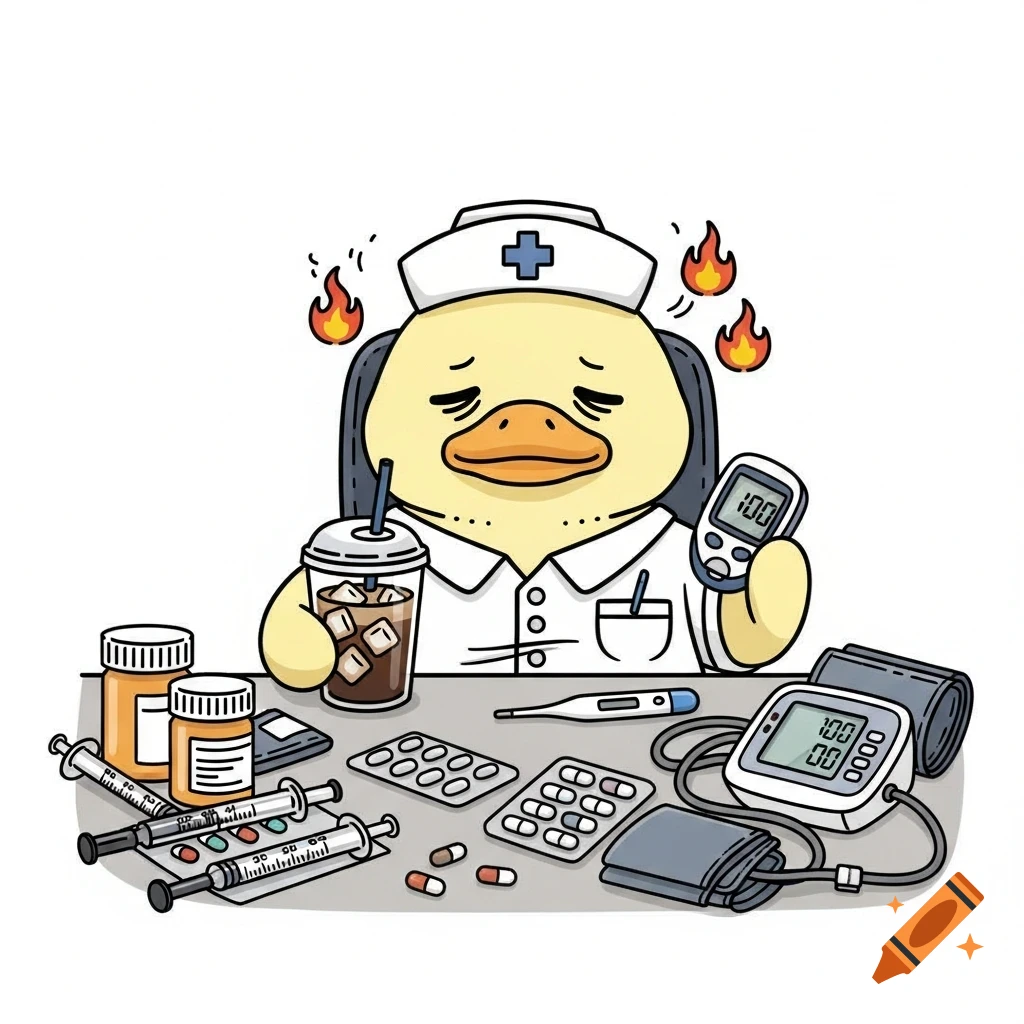 Cartoon duck nurse looking tired, holding iced coffee and a glucose ...
