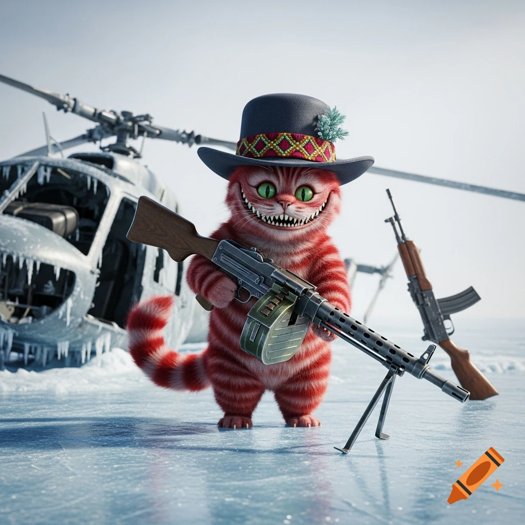 A photorealistic red striped Cheshire Cat in a top hat holds a machine ...