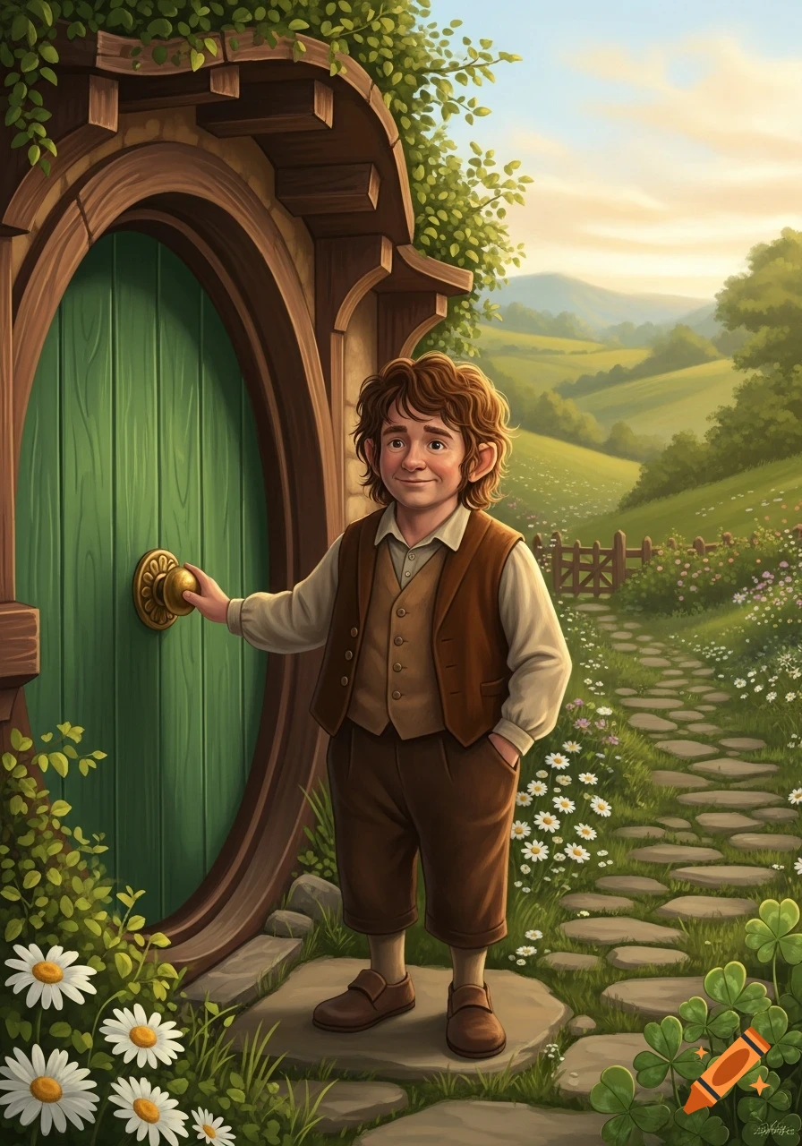 Illustration of Bilbo Baggins, a hobbit, smiling and standing in front ...