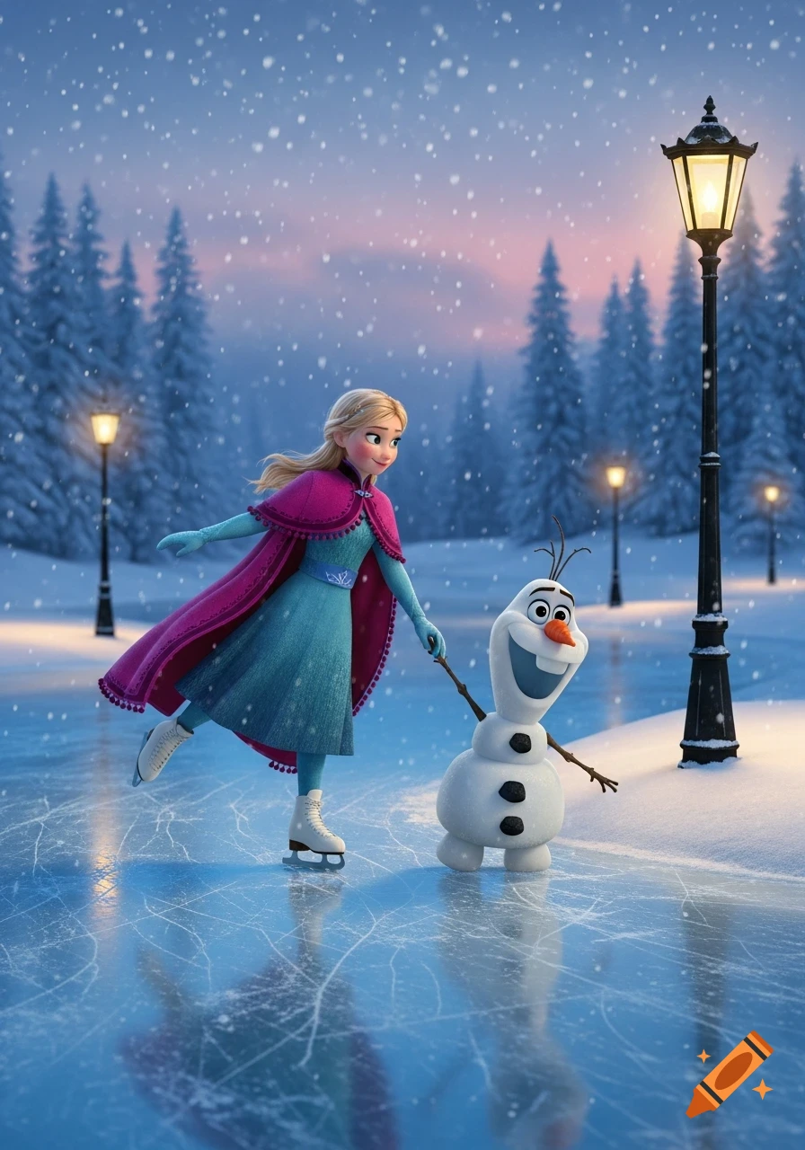 Elsa from Frozen ice skating with Olaf on a frozen pond at dusk, snow ...