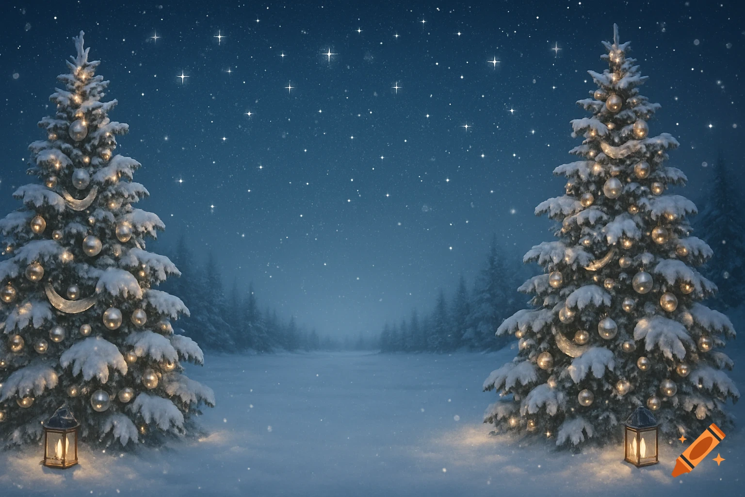 Two snow-covered Christmas trees with lights and ornaments flank a ...