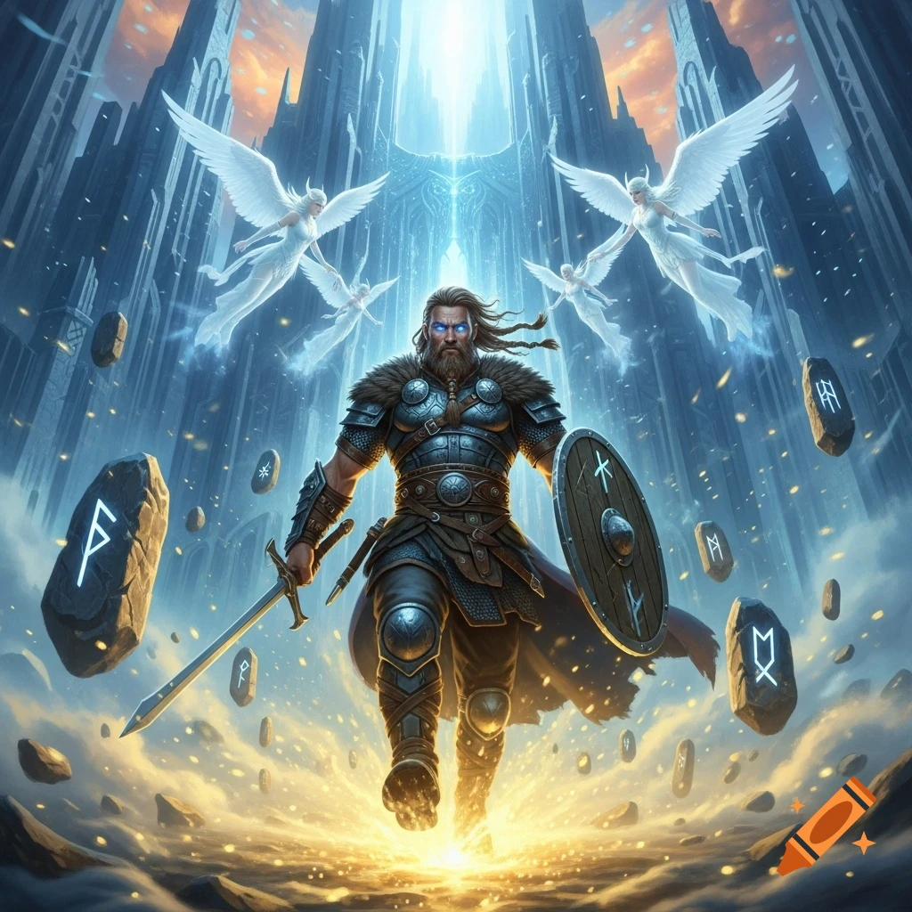 An epic fantasy image of a Viking warrior in armor with glowing blue ...