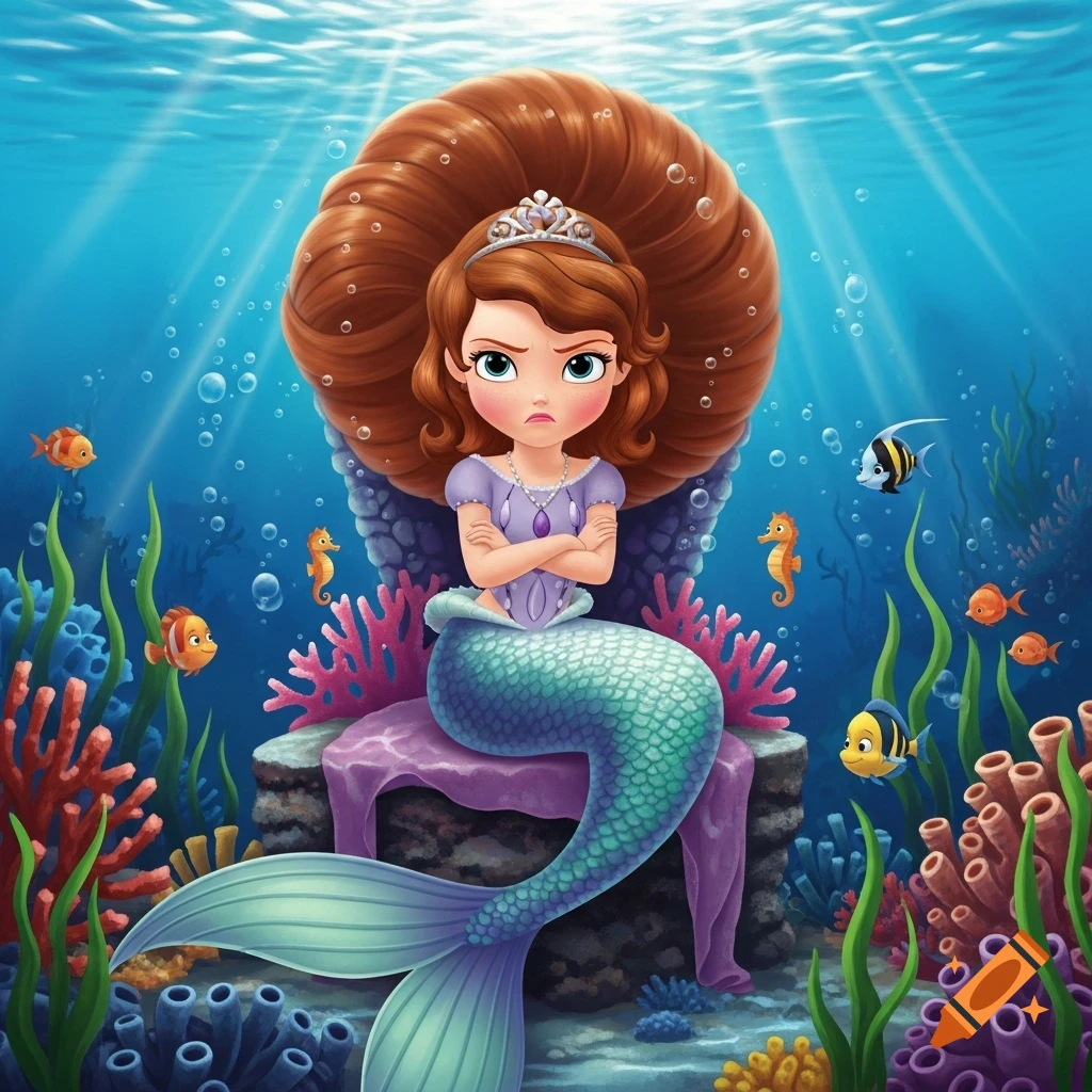 Cartoon of Sofia the First as a grumpy mermaid with big brown hair ...