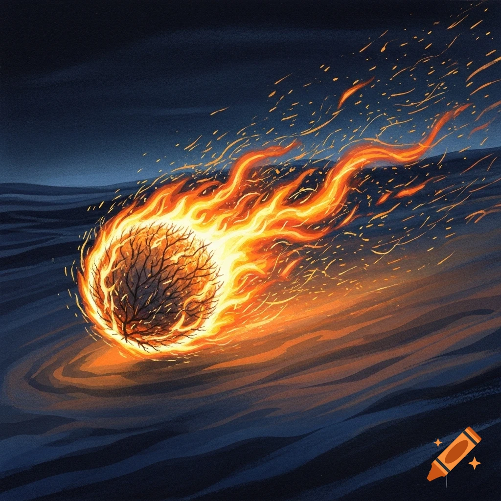 A spherical burning tumbleweed rolls fast across a dark desert, leaving ...