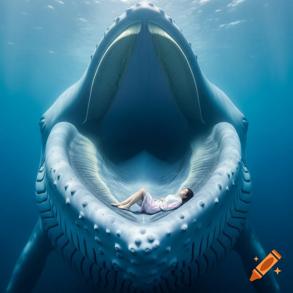 A tiny woman in a striped dress lies peacefully inside the massive open ...