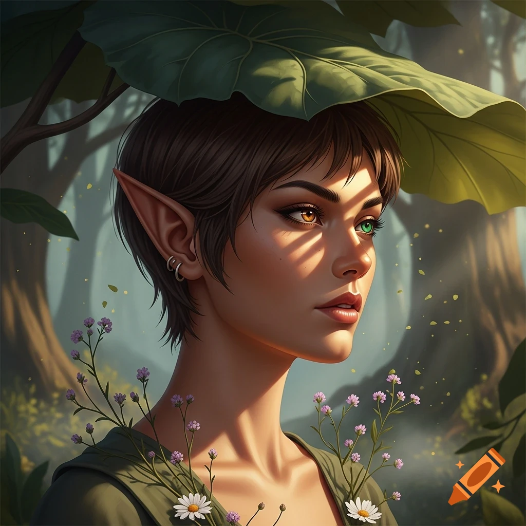 A hyperrealistic portrait of an elf woman with short brown hair and ...