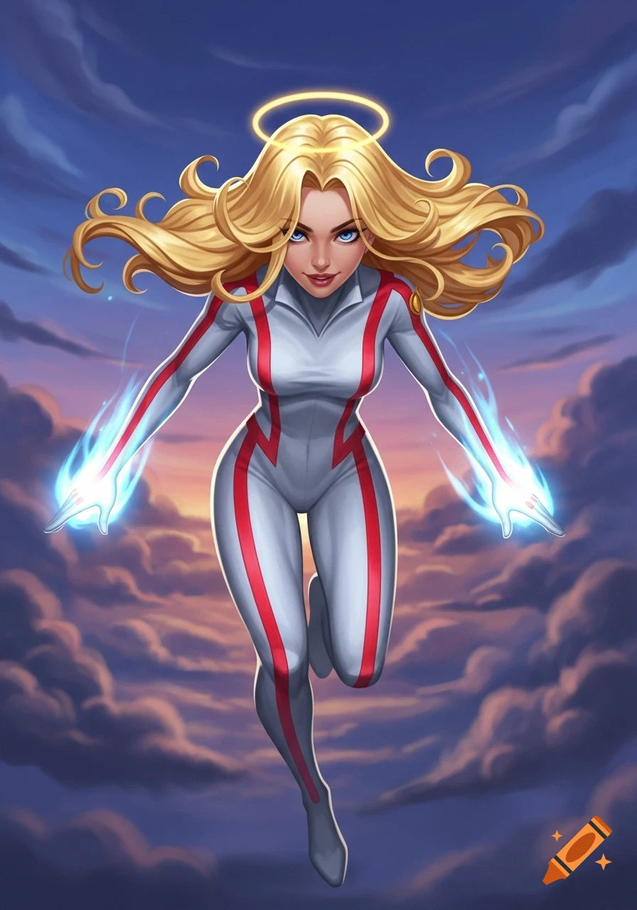 A blonde woman with a halo and glowing hands, wearing a white and red ...