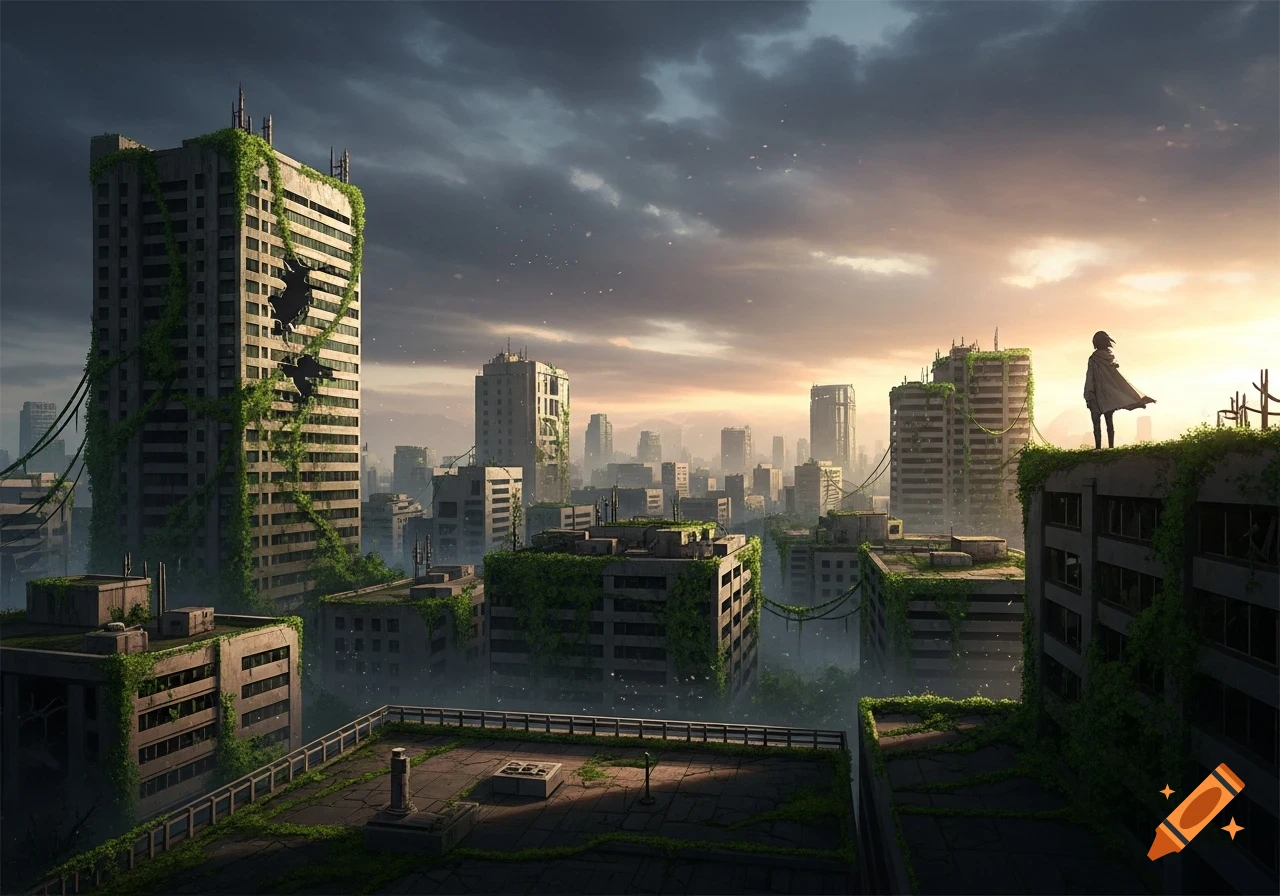Anime-style art of a lone figure on a rooftop overlooking a vast ...