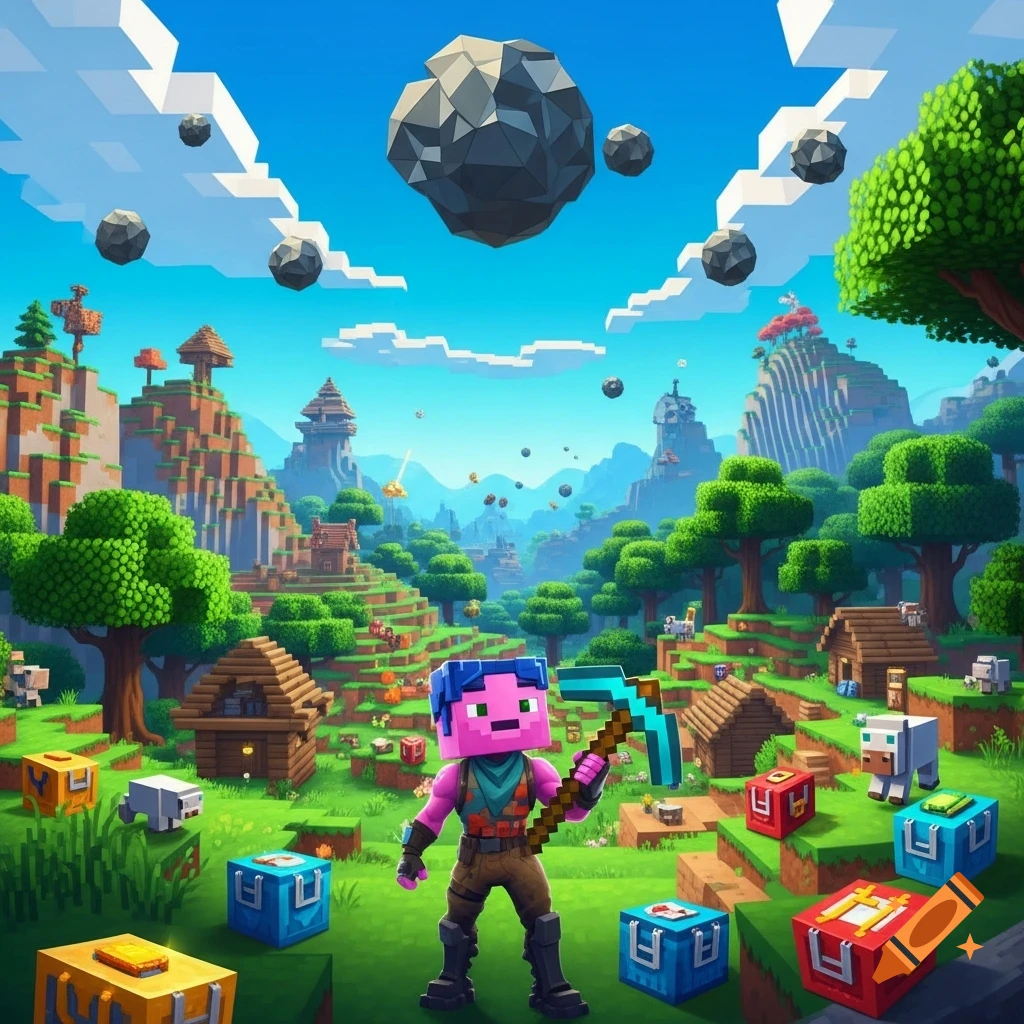 A blocky, magenta-skinned character holding a pickaxe stands in a ...