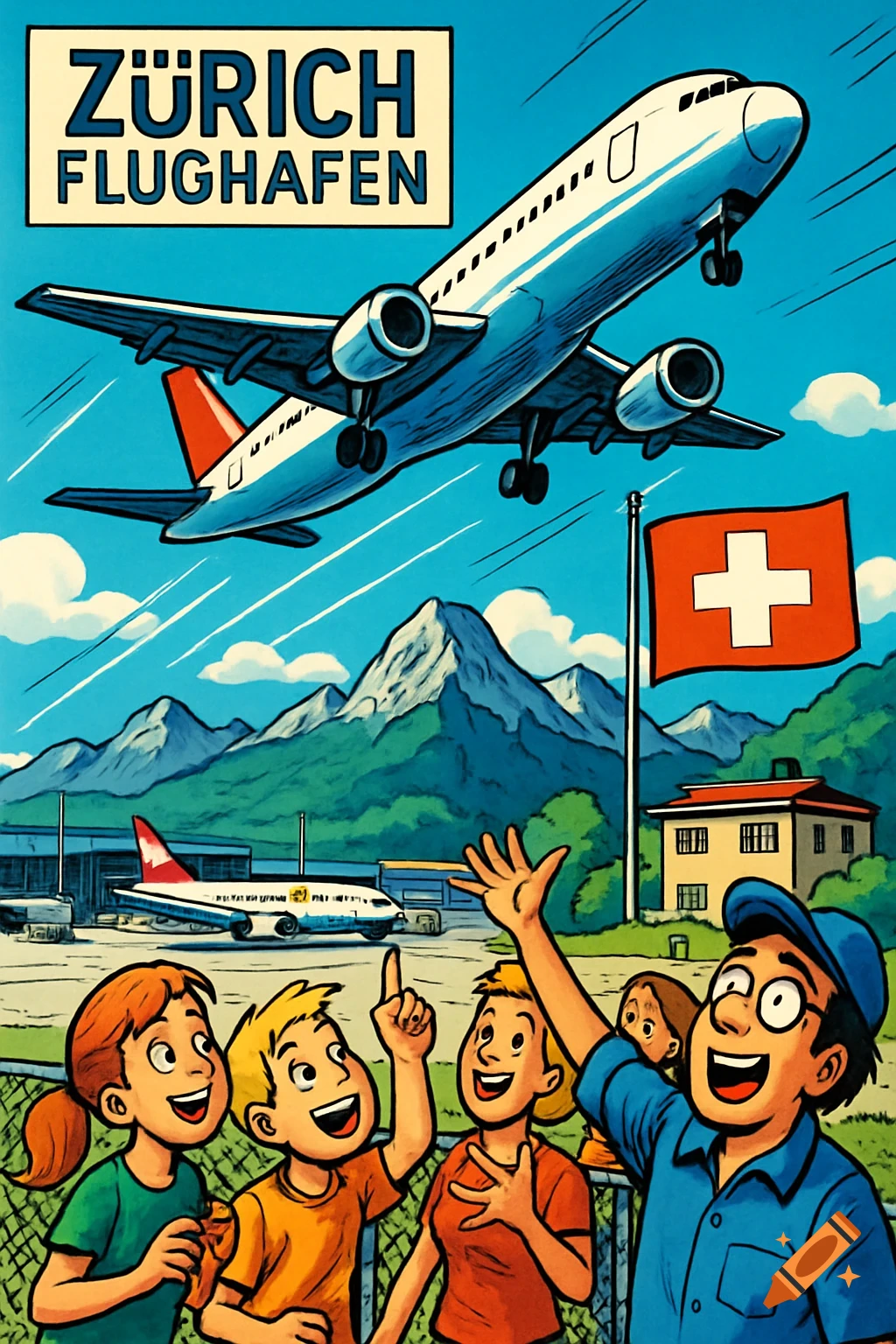 Comic art of people watching an airplane take off from Zurich airport ...