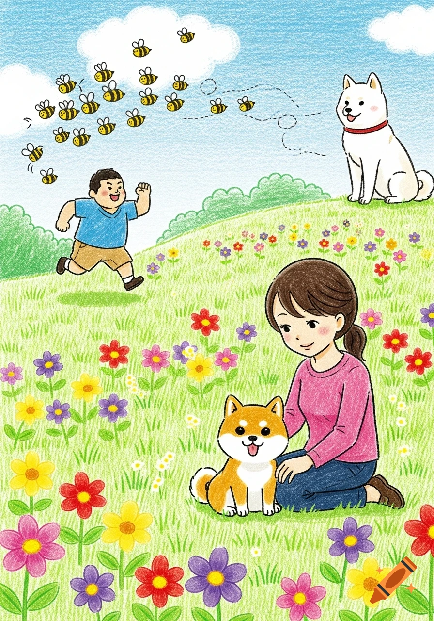 Crayon illustration of a man running from bees in a flower meadow, a ...