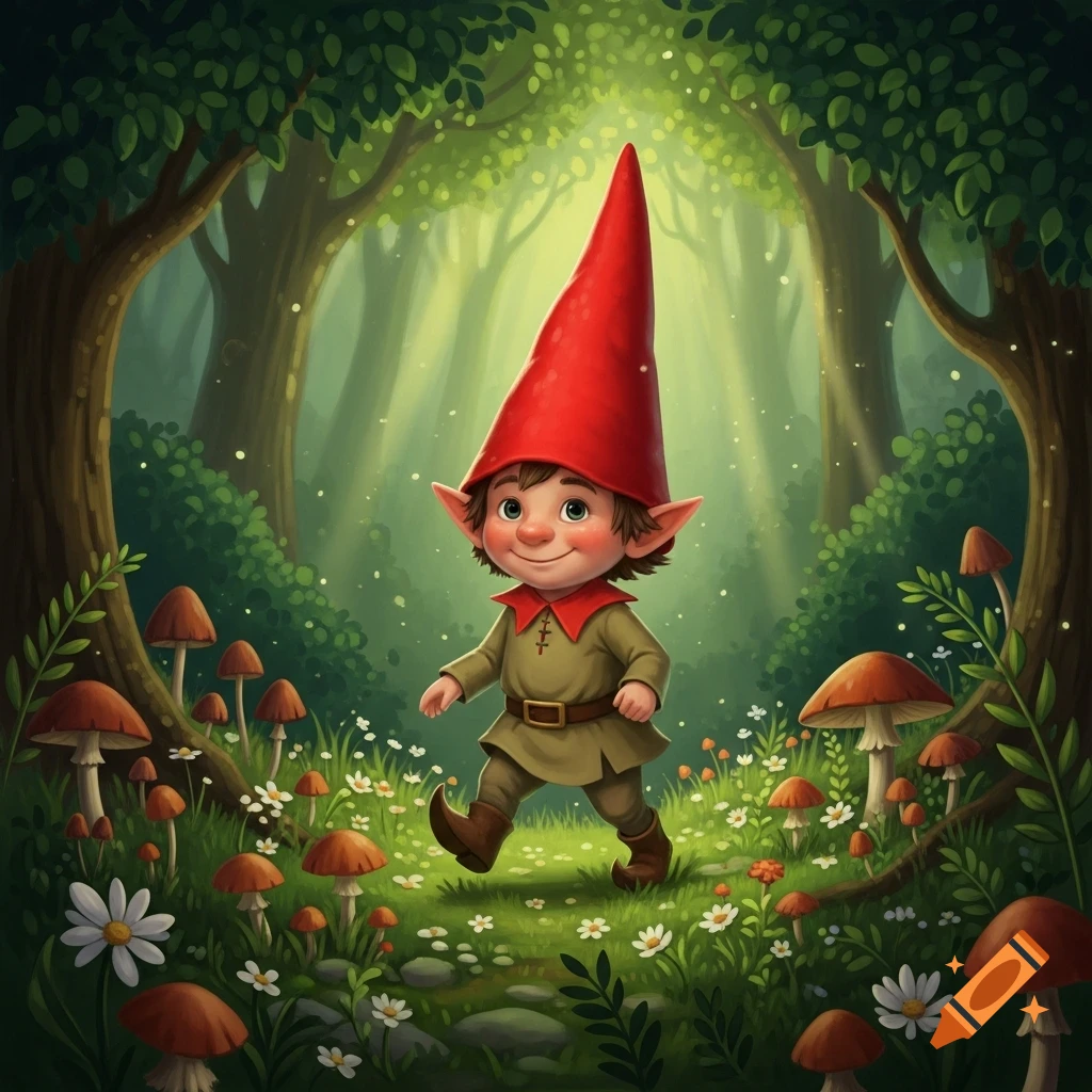 A smiling cartoon gnome with a red pointy hat walks through a sun ...