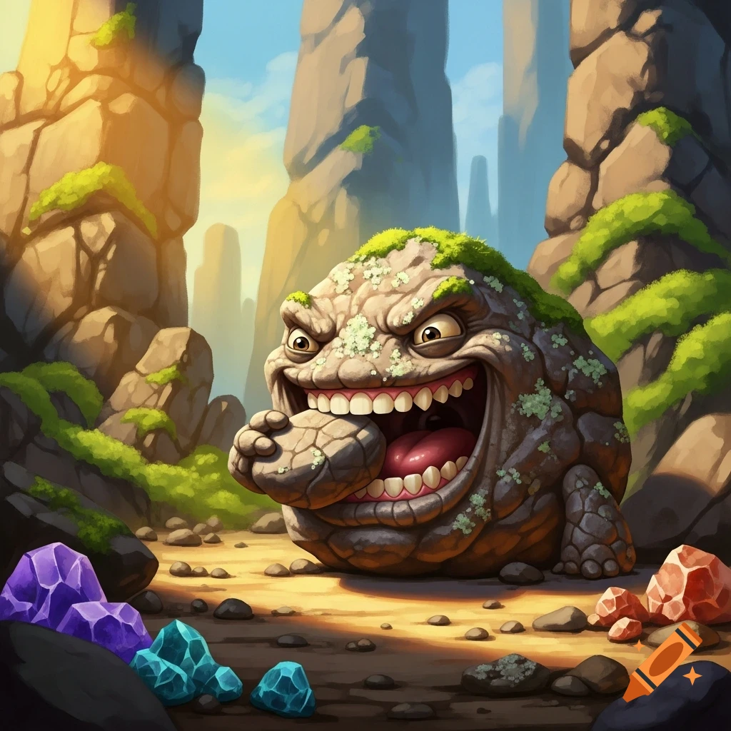 A grinning, moss-covered rock monster eats a small rock in a vibrant ...