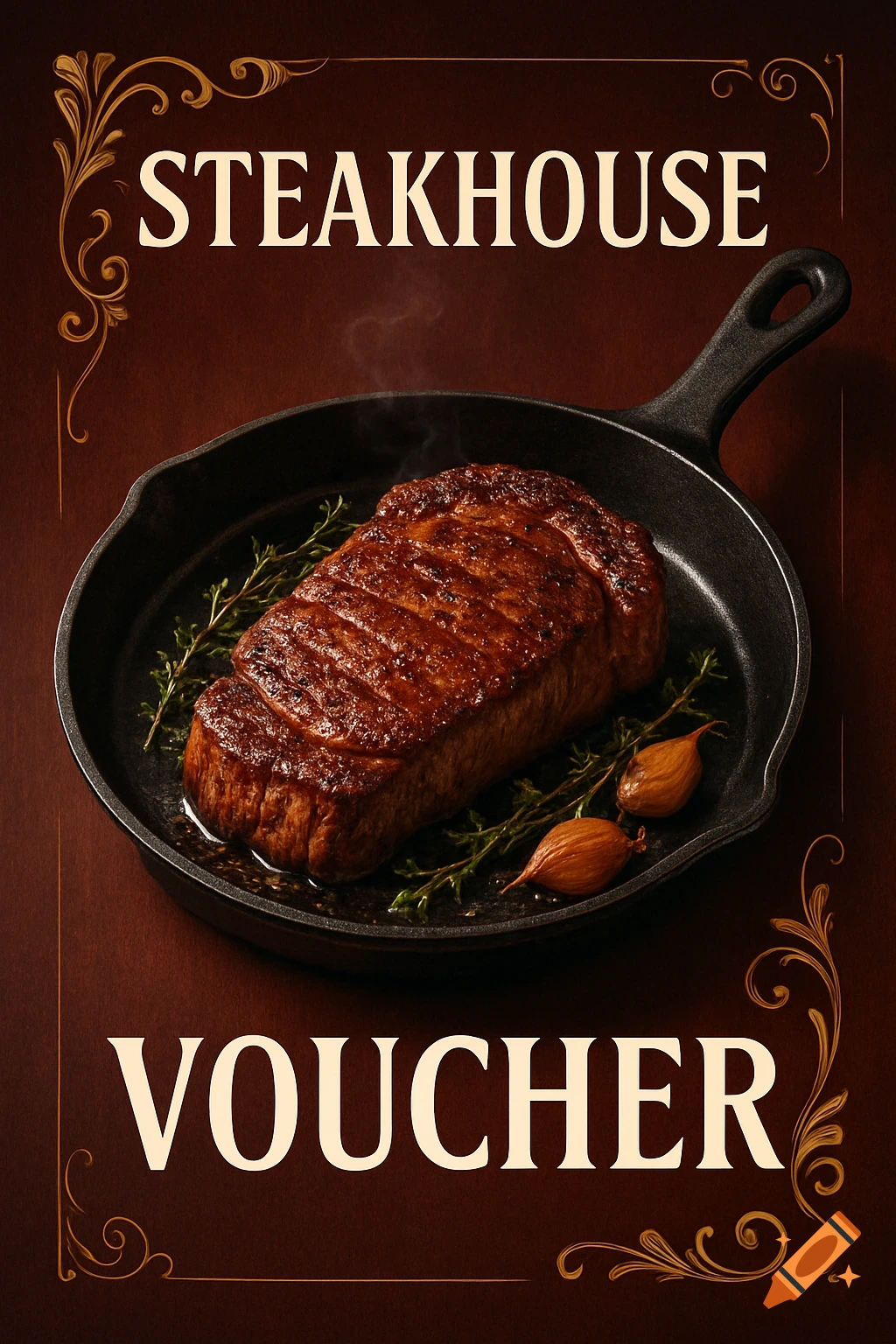 A sizzling cooked steak in a cast-iron skillet with herbs and roasted ...