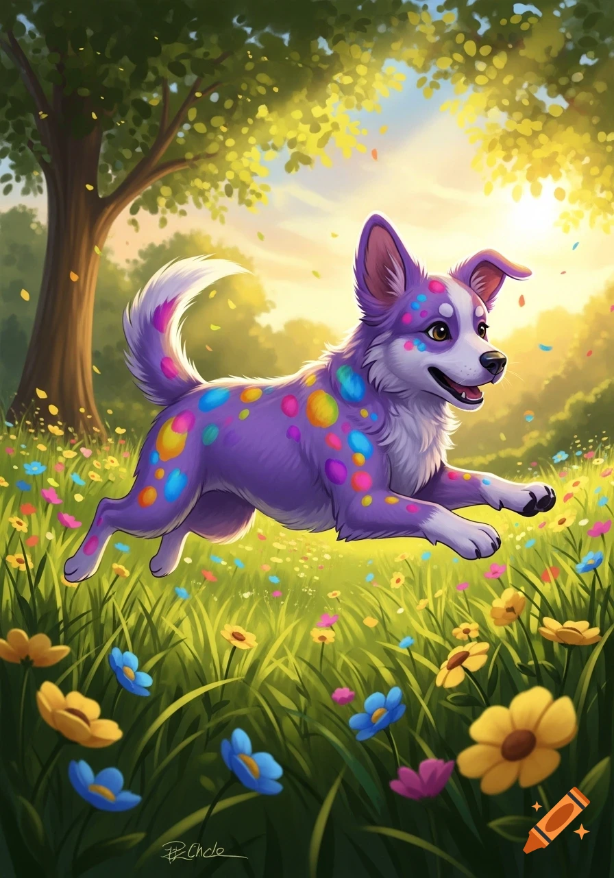 A cheerful, stylized purple dog with rainbow spots bounds through a ...