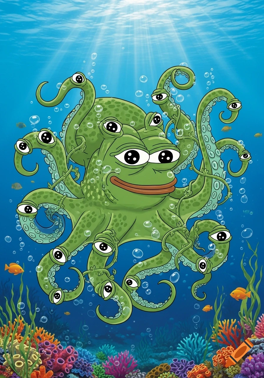 Cartoon illustration of a green Pepe the Frog octopus with many eyes ...
