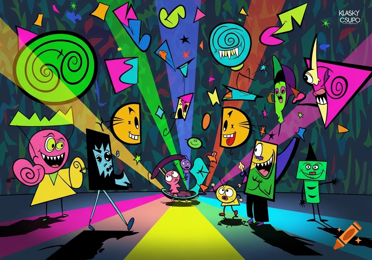 A vibrant, chaotic cartoon scene in Klasky Csupo style, featuring ...